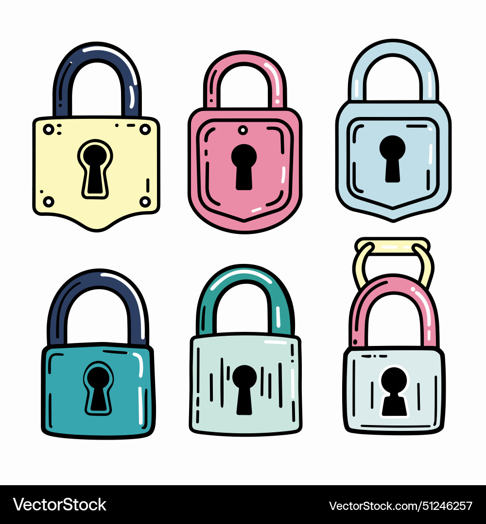 Six colorful padlock cartoon style Royalty Free Vector Image