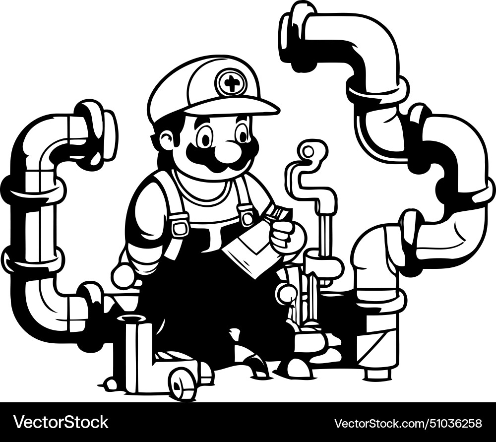 Plumber with tools and pipe cartoon character Vector Image