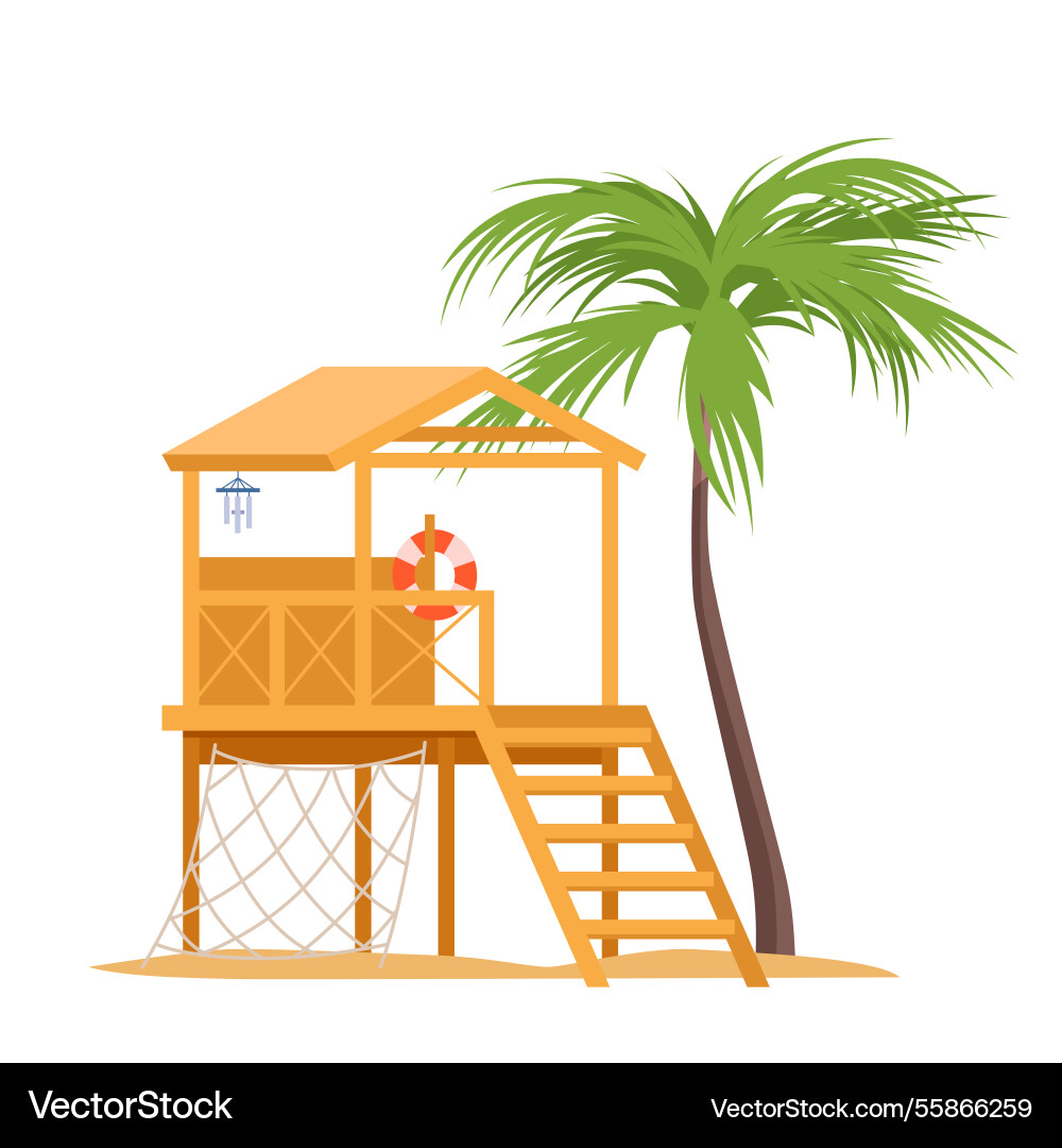 Lifeguards brown wooden tower with red flag Vector Image
