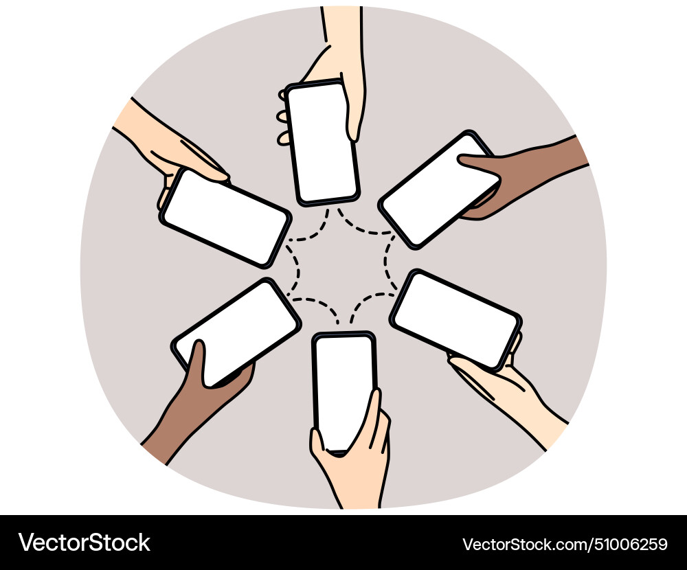 People hands in circle holding smartphones Vector Image