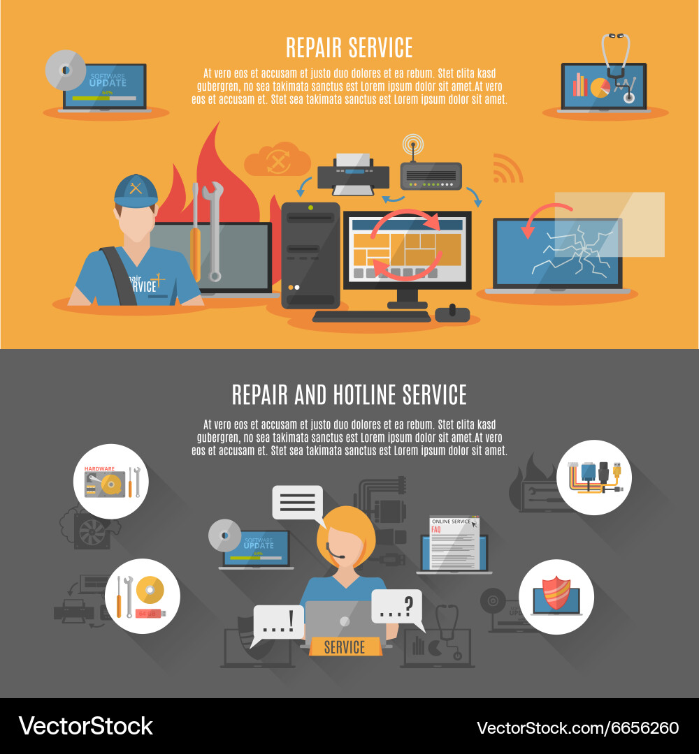 Computer repair service flat banners poster Vector Image