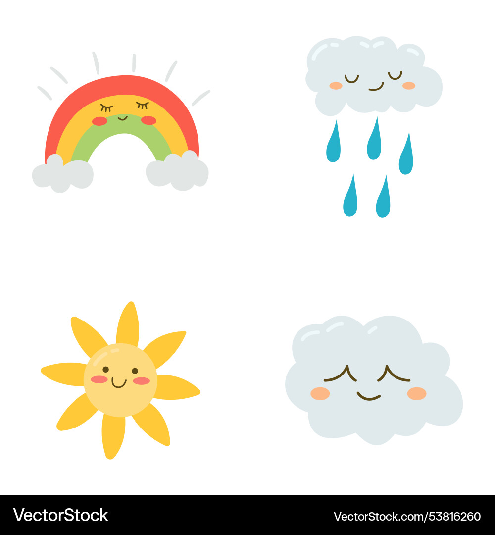 Set of cute rain cloud rainbow sun cartoon Vector Image