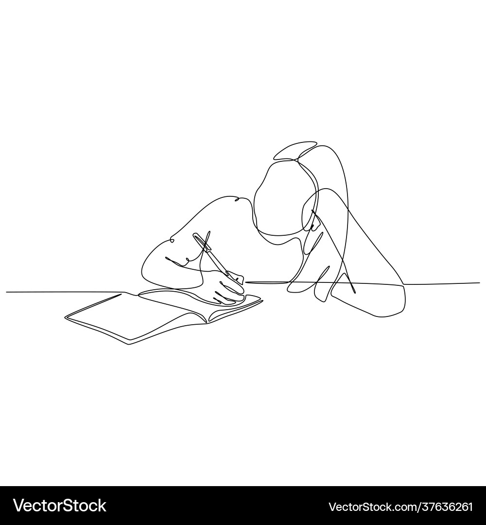 Continuous line drawing girl with book Royalty Free Vector