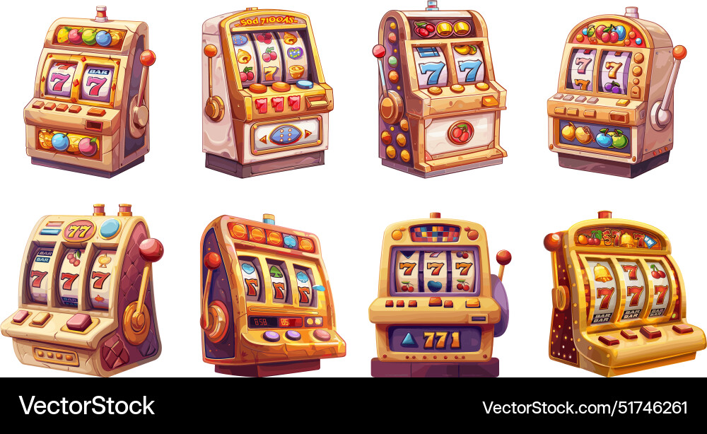 Slot machine cartoon set arcade fruit Royalty Free Vector
