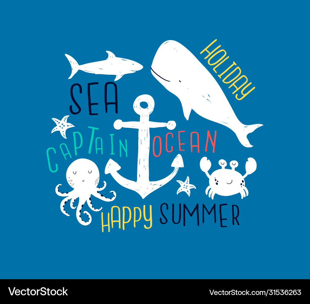 Ocean animals print design with slogan Royalty Free Vector