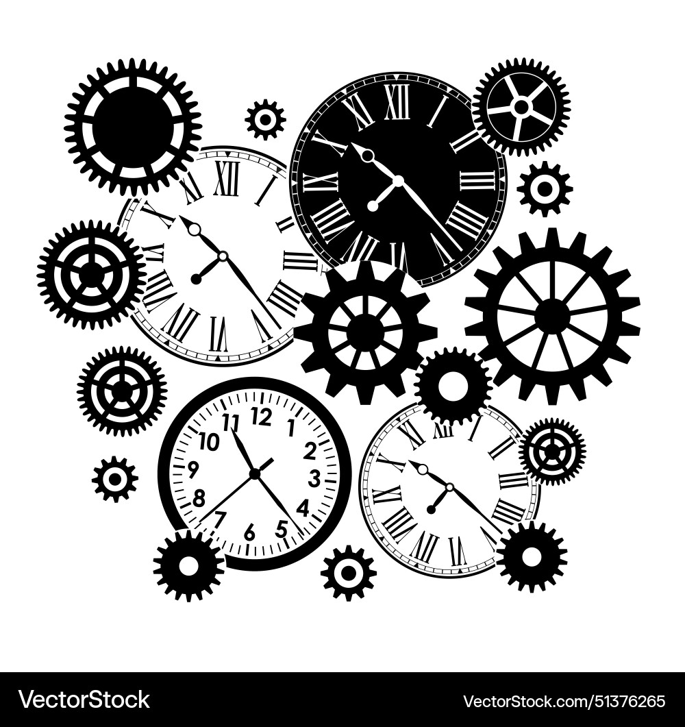 Black and white drawing of clocks gears Royalty Free Vector