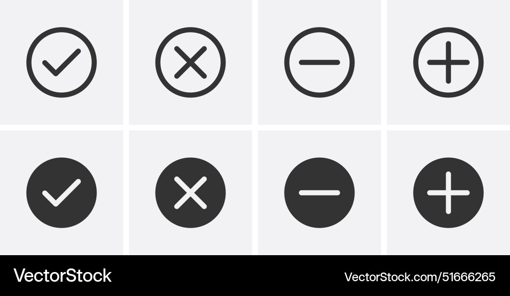 Check mark and cross plus minus symbol Royalty Free Vector
