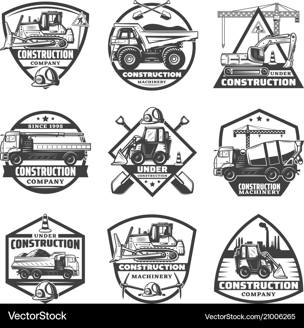 Vintage monochrome construction labels set Vector Image