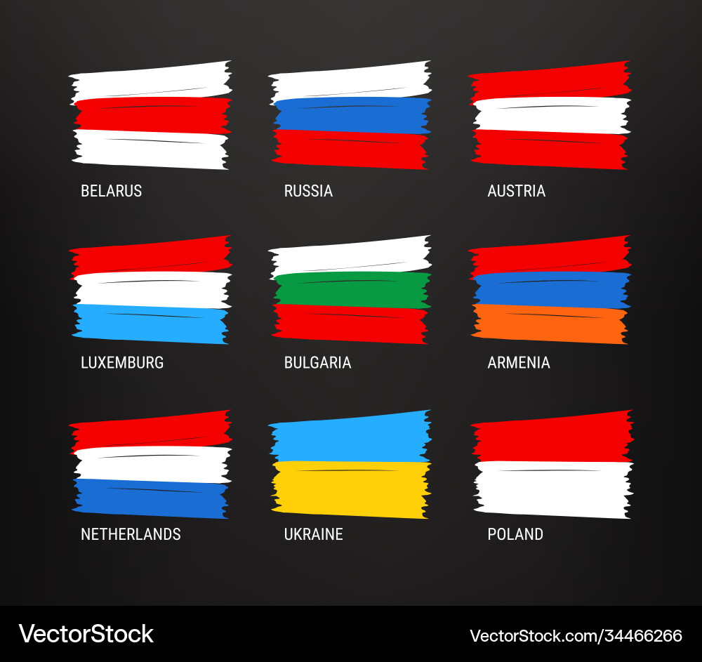 Different country flags set isolated on black Vector Image