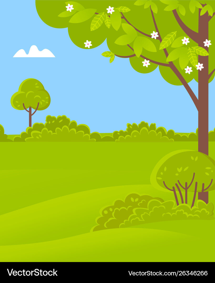 Green scenery with trees bushes and grass spring Vector Image