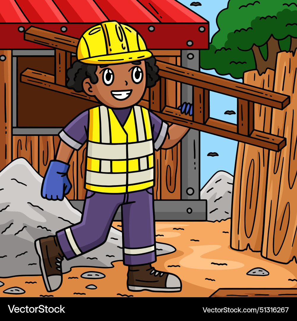 Construction worker with a ladder colored cartoon Vector Image