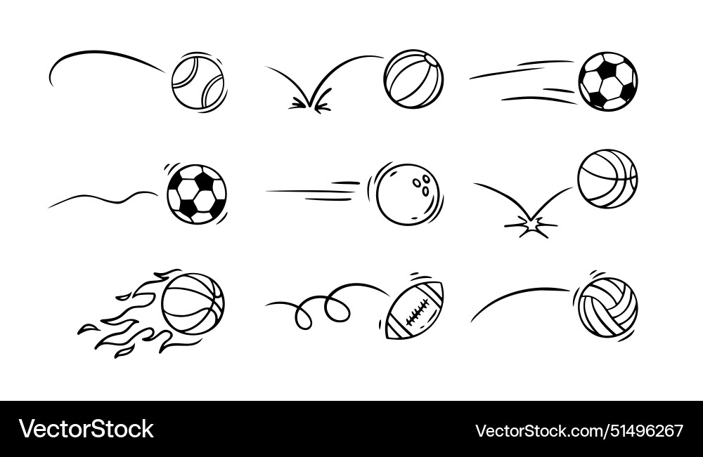 Doodle sport ball trajectory bounce collection Vector Image