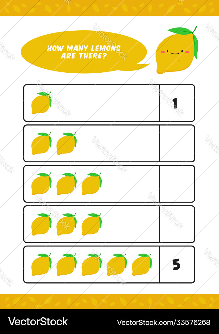 Child kids kindergarten worksheet with cute lemon Vector Image