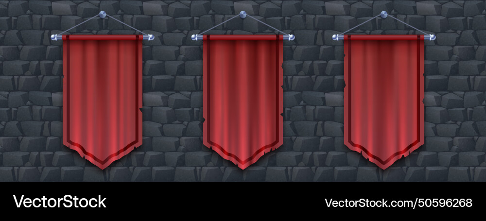 Medieval red cloth banners set on stone background