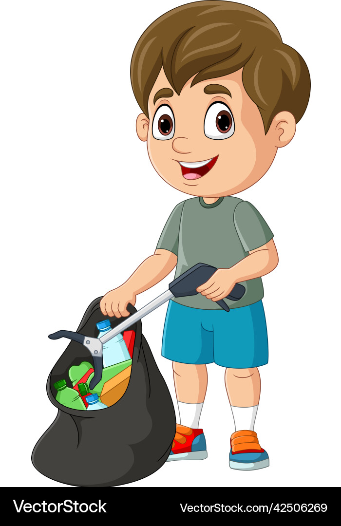 Cartoon boy collecting plastic garbage with litter