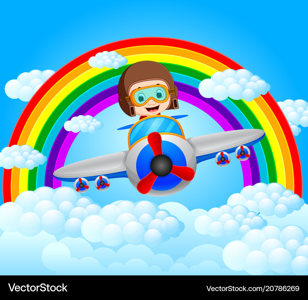 Funny pilot riding plane with rainbow scenery Vector Image