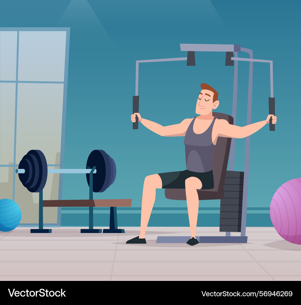 Gym man does exercises on his pectoral muscles Vector Image