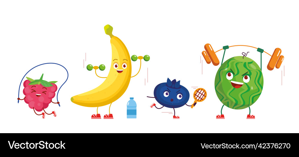 Cartoon fruits doing exercises training set Vector Image