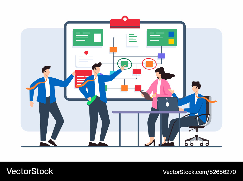 Flat of team members addressing issues Royalty Free Vector