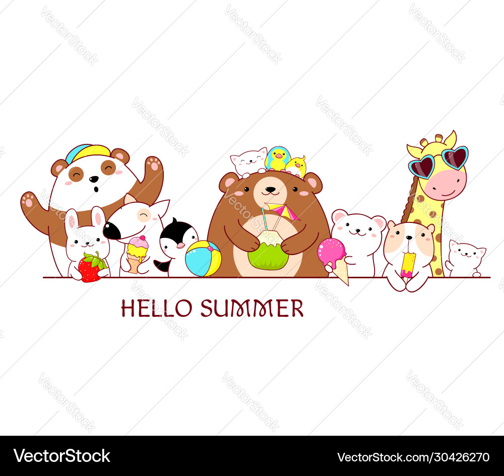 Horizontal border with cute animals in kawaii Vector Image