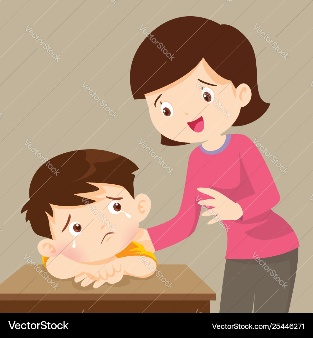 Teacher comforting sad boy grieving Royalty Free Vector