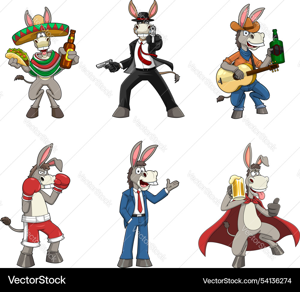 Donkey jackass cartoon characters collection set Vector Image