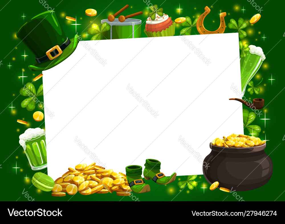 Patricks day leprechaun gold and shamrock frame Vector Image