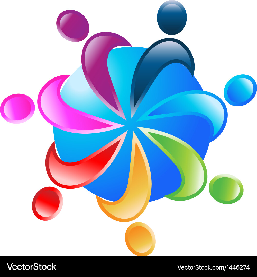 Teamwork 7 people around world logo Royalty Free Vector