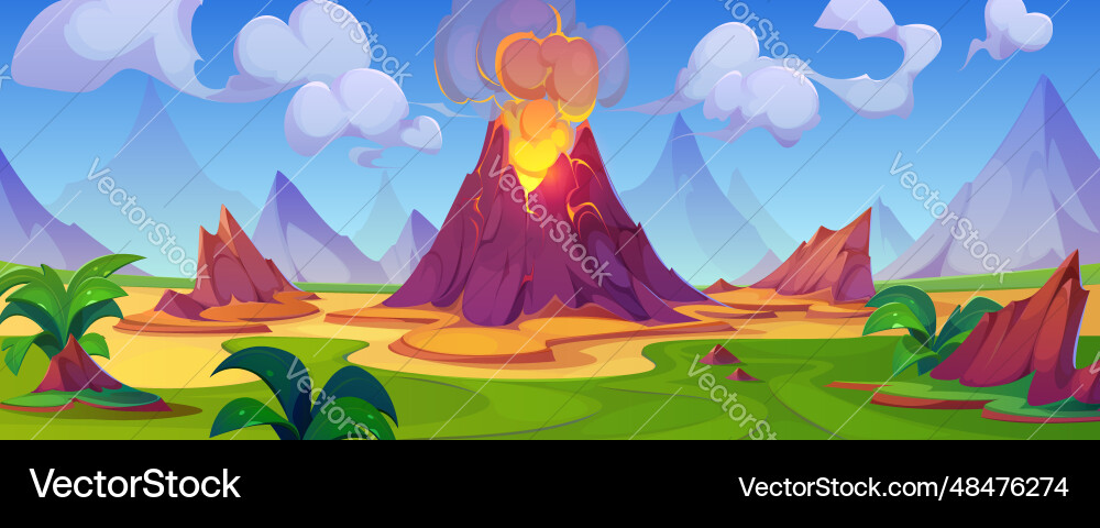 Volcano eruption - cartoon landscape Royalty Free Vector