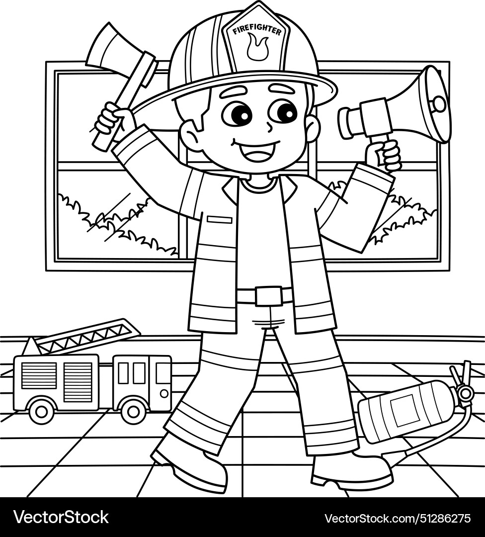 Firefighter boy coloring page for kids Royalty Free Vector