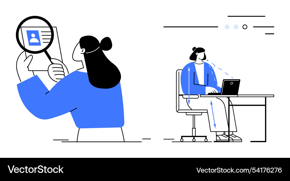 Woman examining profile through magnifying glass Vector Image