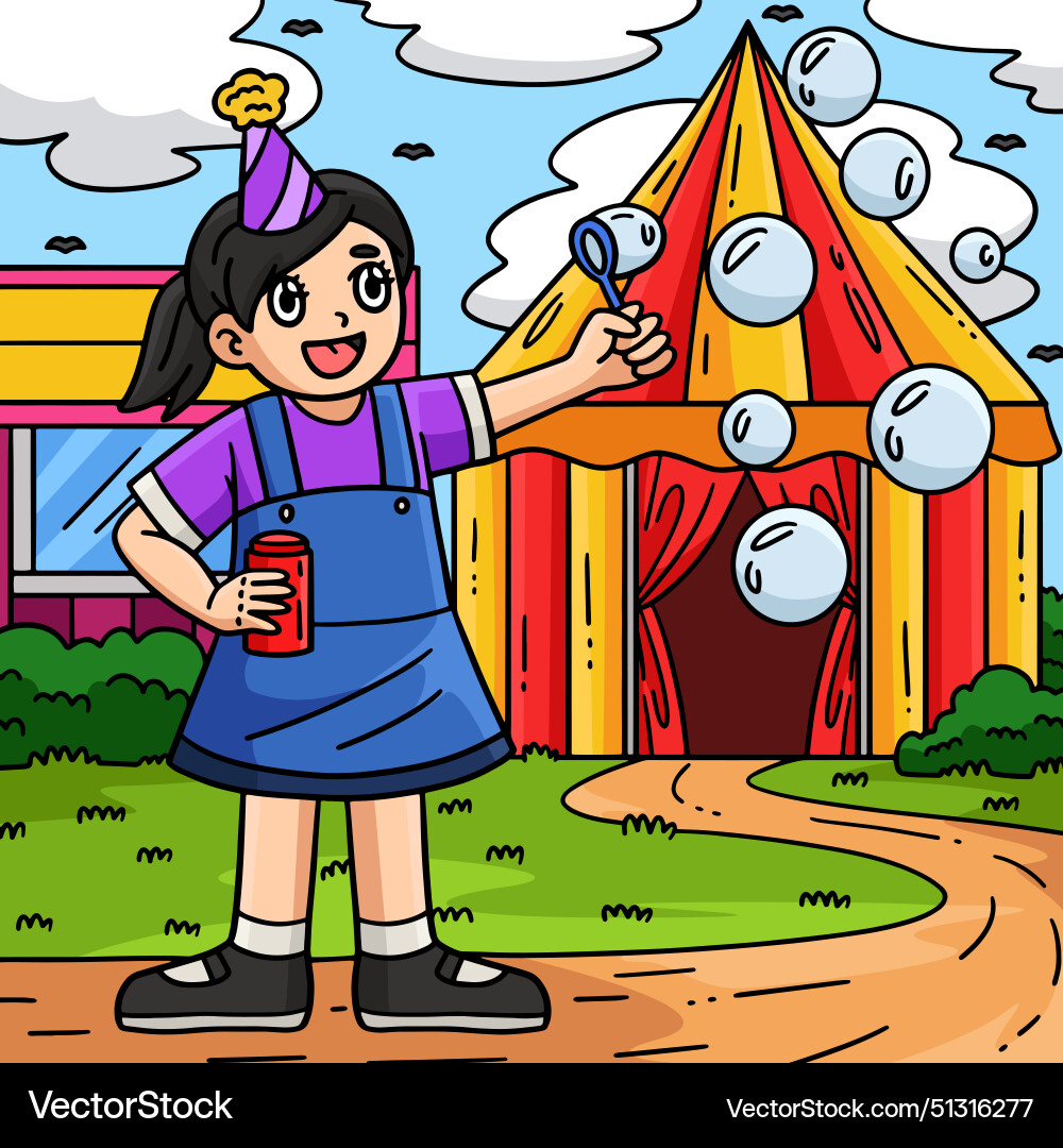 Circus girl blowing bubbles colored cartoon Vector Image
