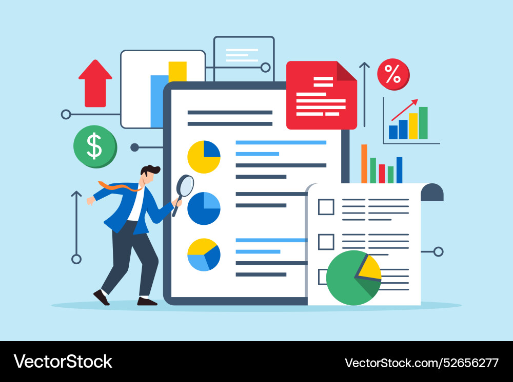 Flat of businessman using magnifying glass Vector Image