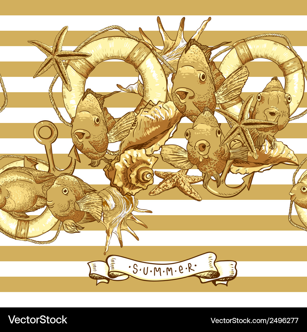 Sea card with anchor lifeline and fish Royalty Free Vector