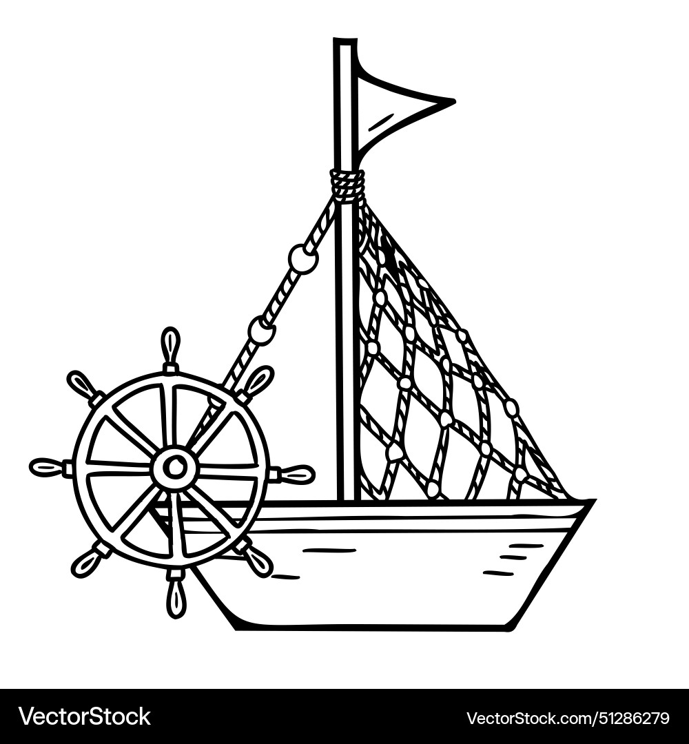 Cute ship boat with steering wheel hand drawn Vector Image