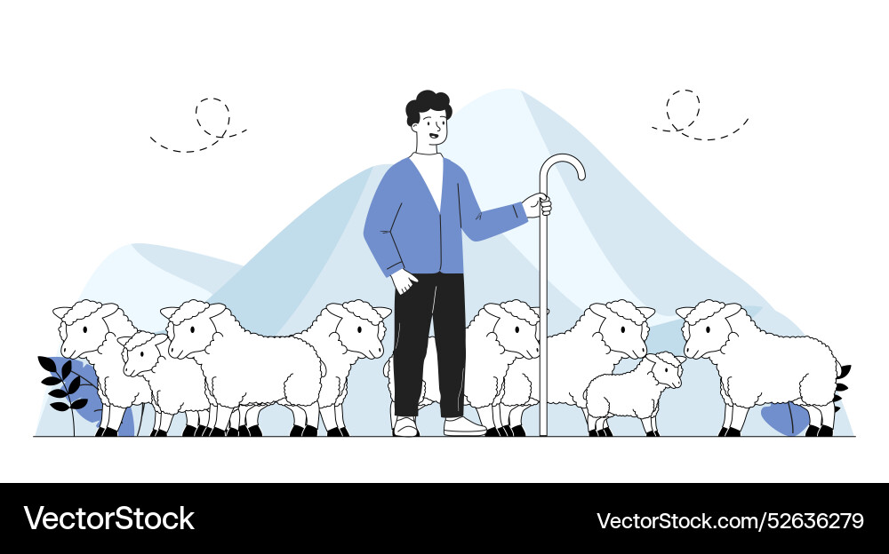 Man shepherd concept young guy with stick stands Vector Image