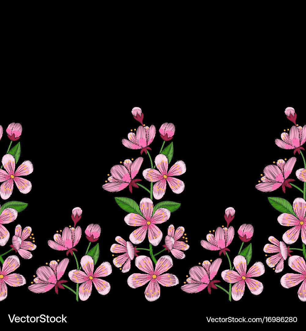 Cherry blossom embroidery seamless border Vector Image