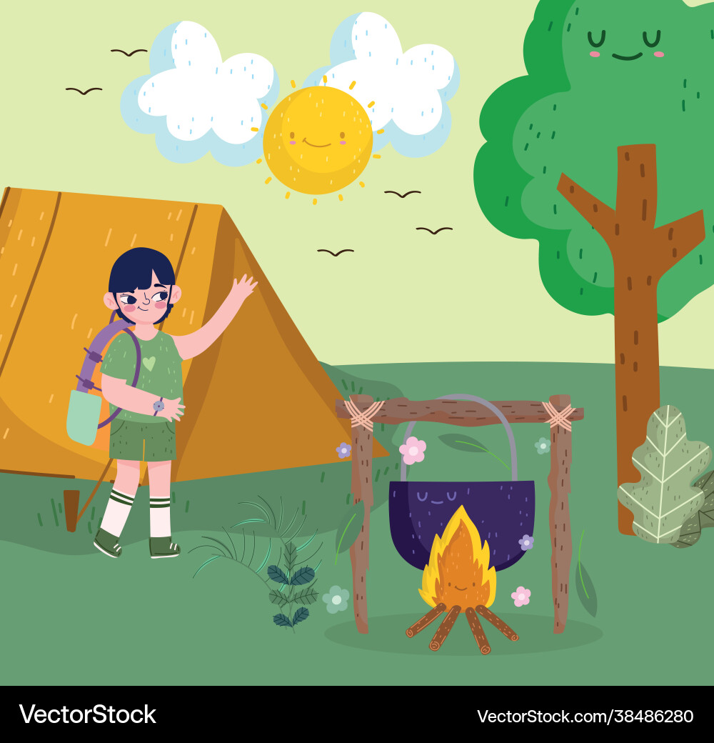 Cute boy camping campfire Royalty Free Vector Image