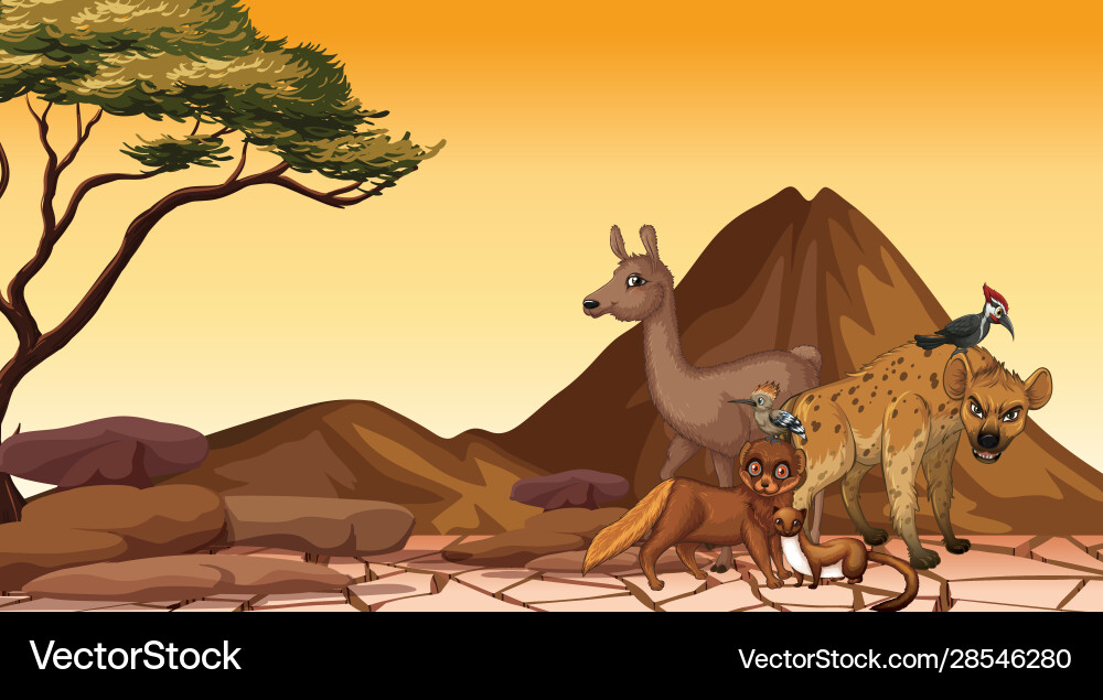 Scene with many animals in dry land Royalty Free Vector
