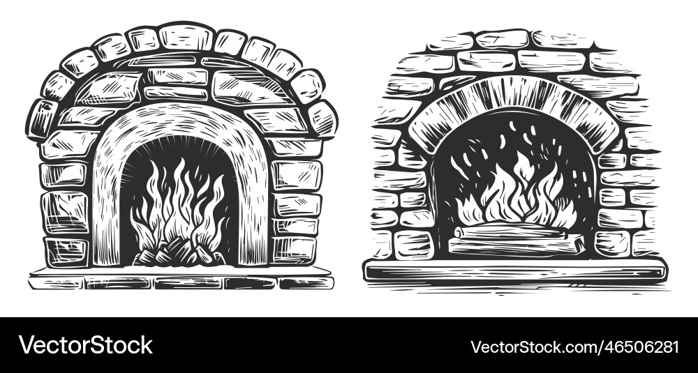Warm fire in the stone fireplace firewood burns Vector Image