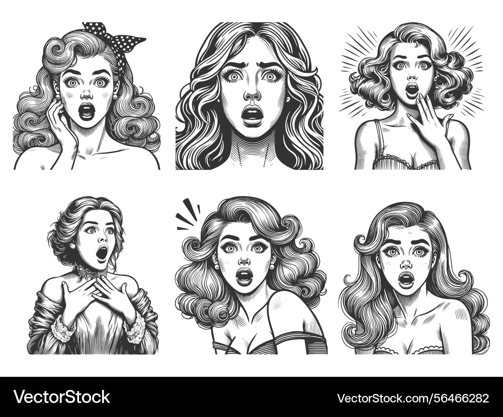 Surprised woman engraving set collection Vector Image