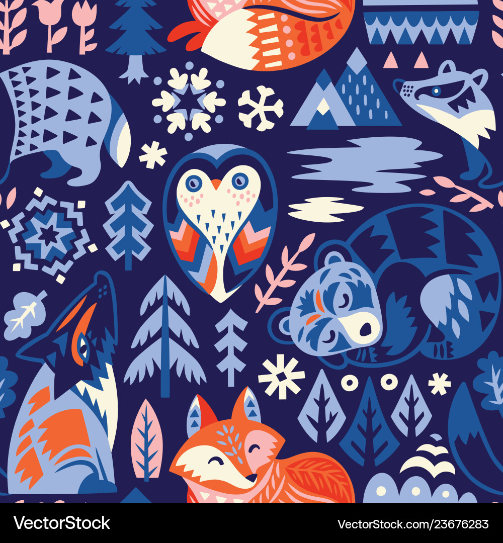 Seamless woodland pattern with decorative animals Vector Image