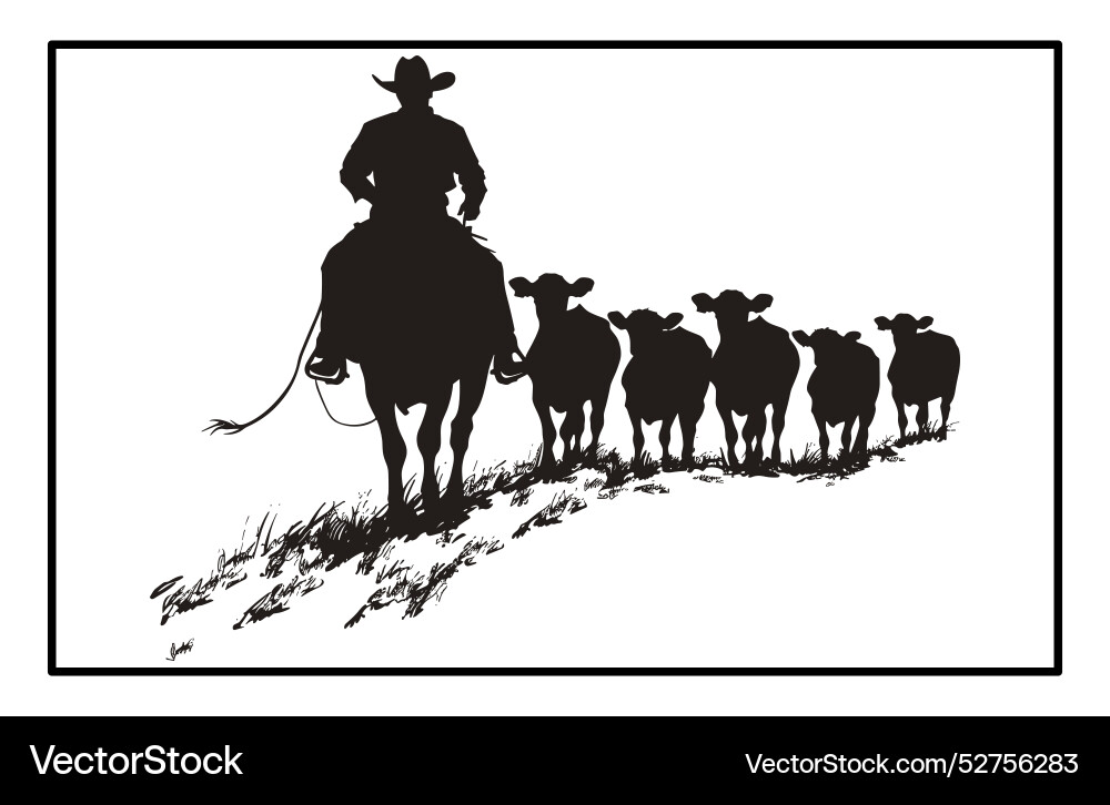 Silhouette of cattle drive at sunset Royalty Free Vector