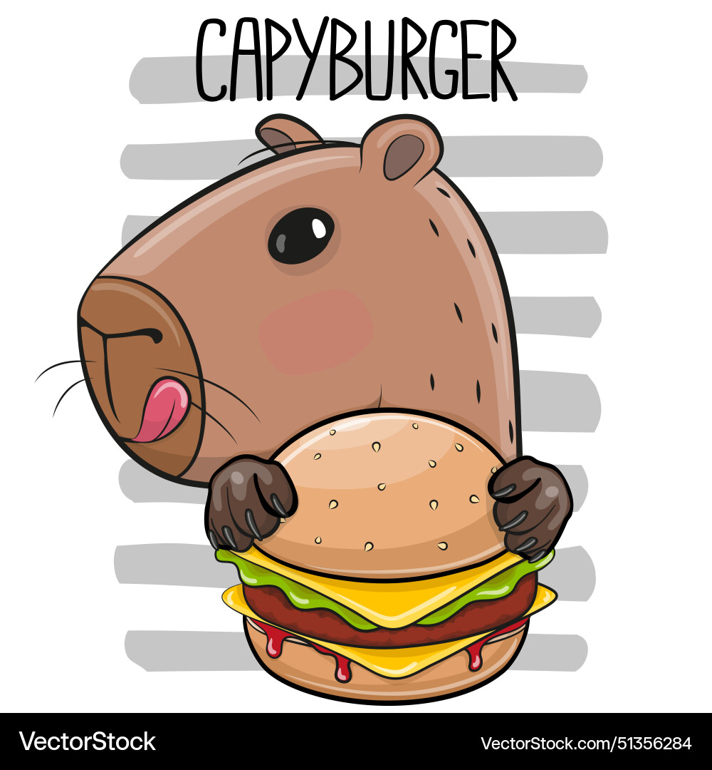 Cartoon capybara with burger on a striped Vector Image