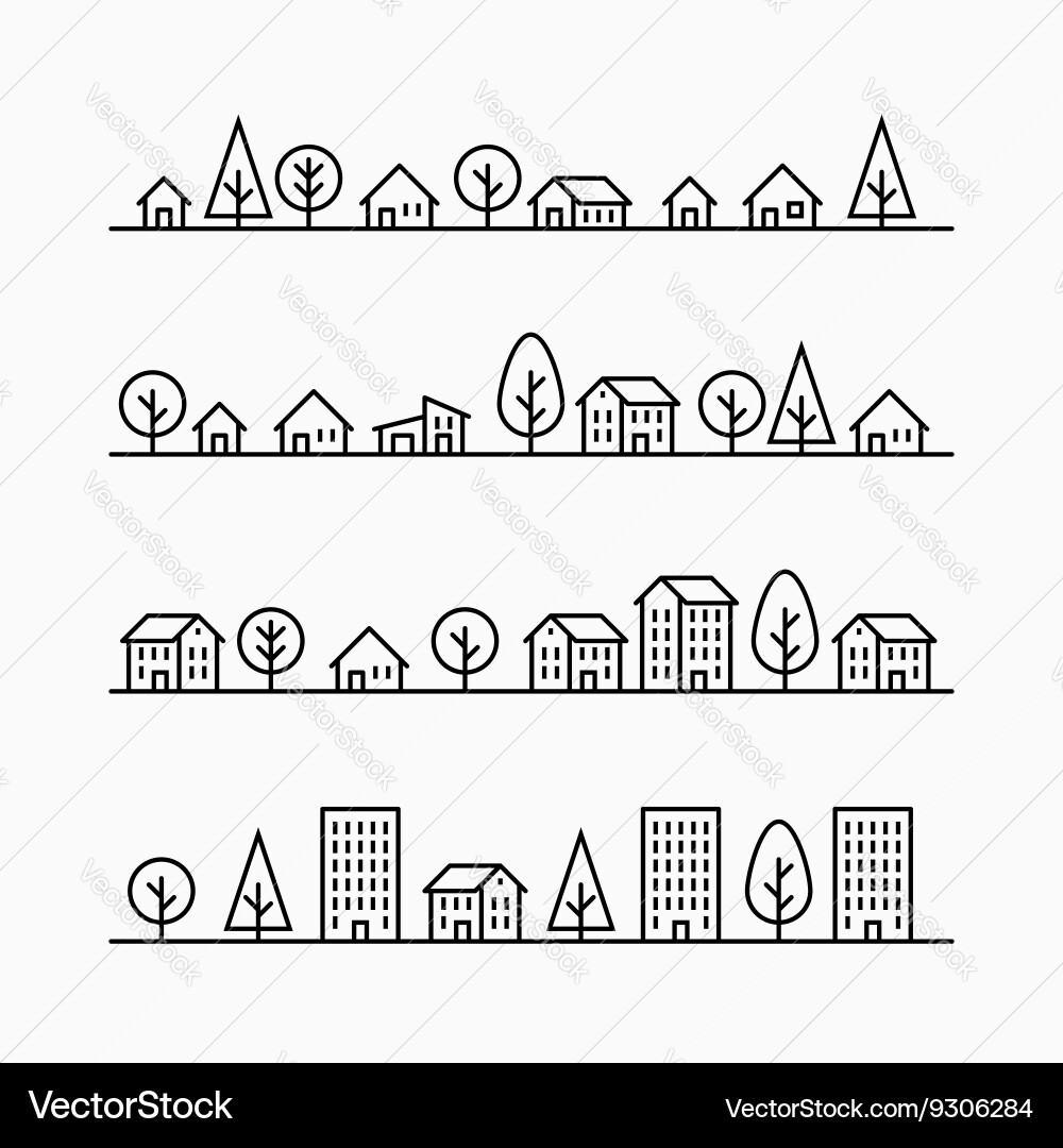 Outline buildings and trees in line 4 different Vector Image