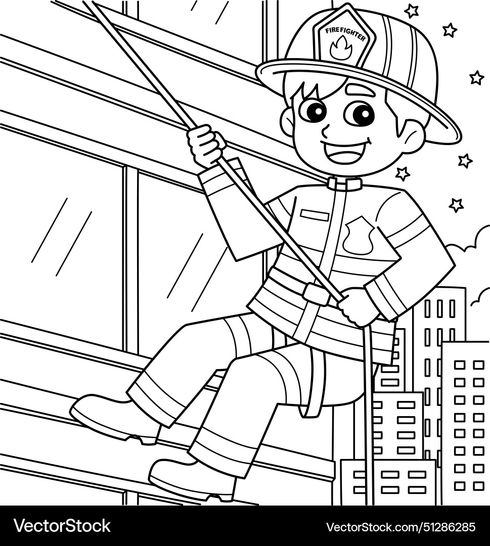 Firefighter rappelling coloring page for kids Vector Image