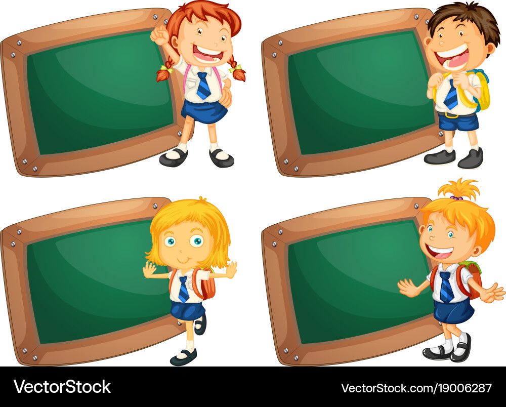 Four frames with happy children in school uniform Vector Image