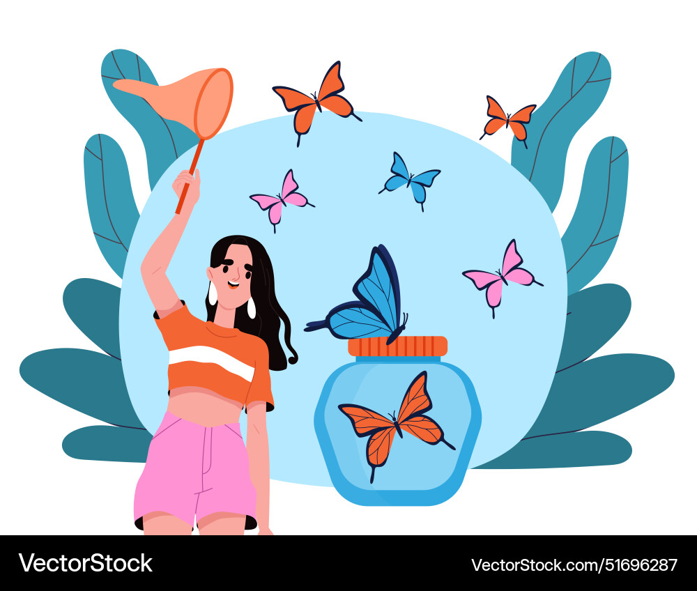 Girl catches butterflies – Royalty-Free Vector | VectorStock