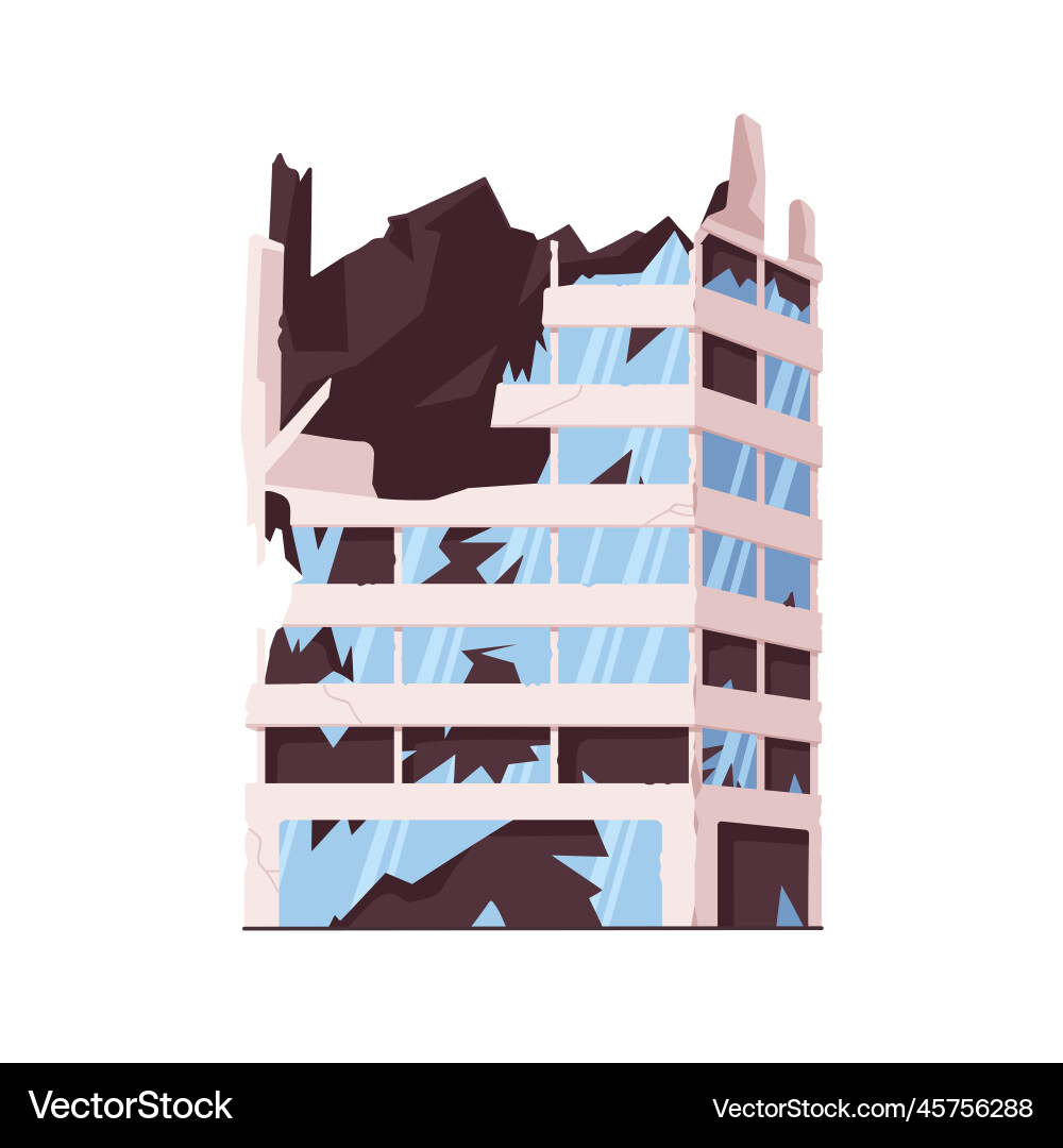 Damaged broken building destroyed ruined facade Vector Image