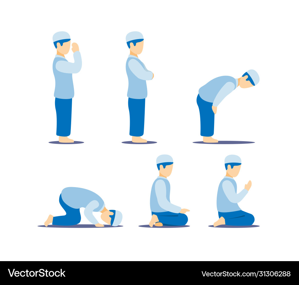 Muslim man praying position step guide instruction
